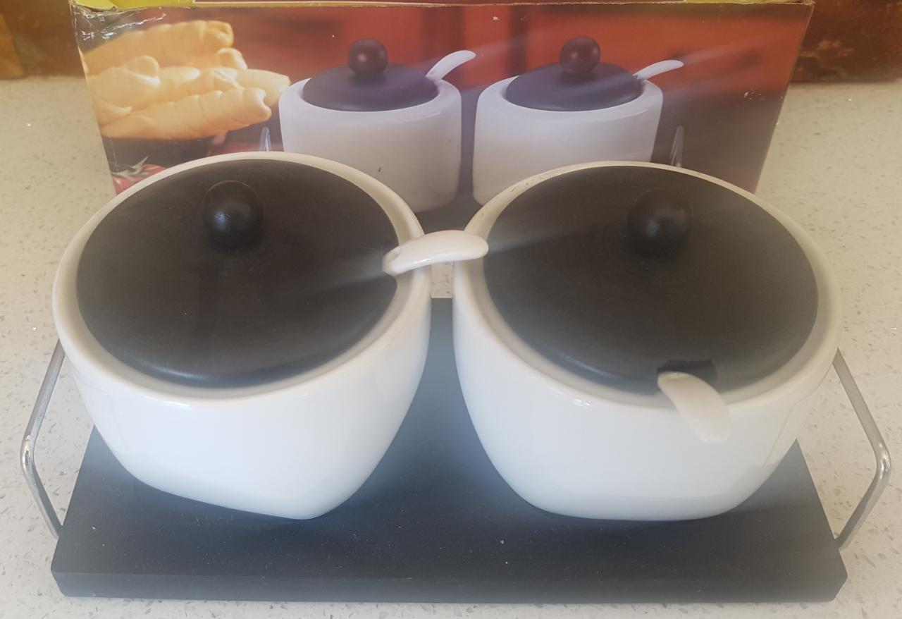 2PC CERAMIC CONDIMENT SET WITH BASE & SPOONS - Home Worth